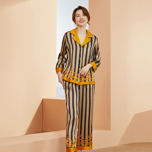 Wensli/万事利真丝套装睡衣女欧式丝绸条纹桑蚕丝家居服 隽永_虎窝淘