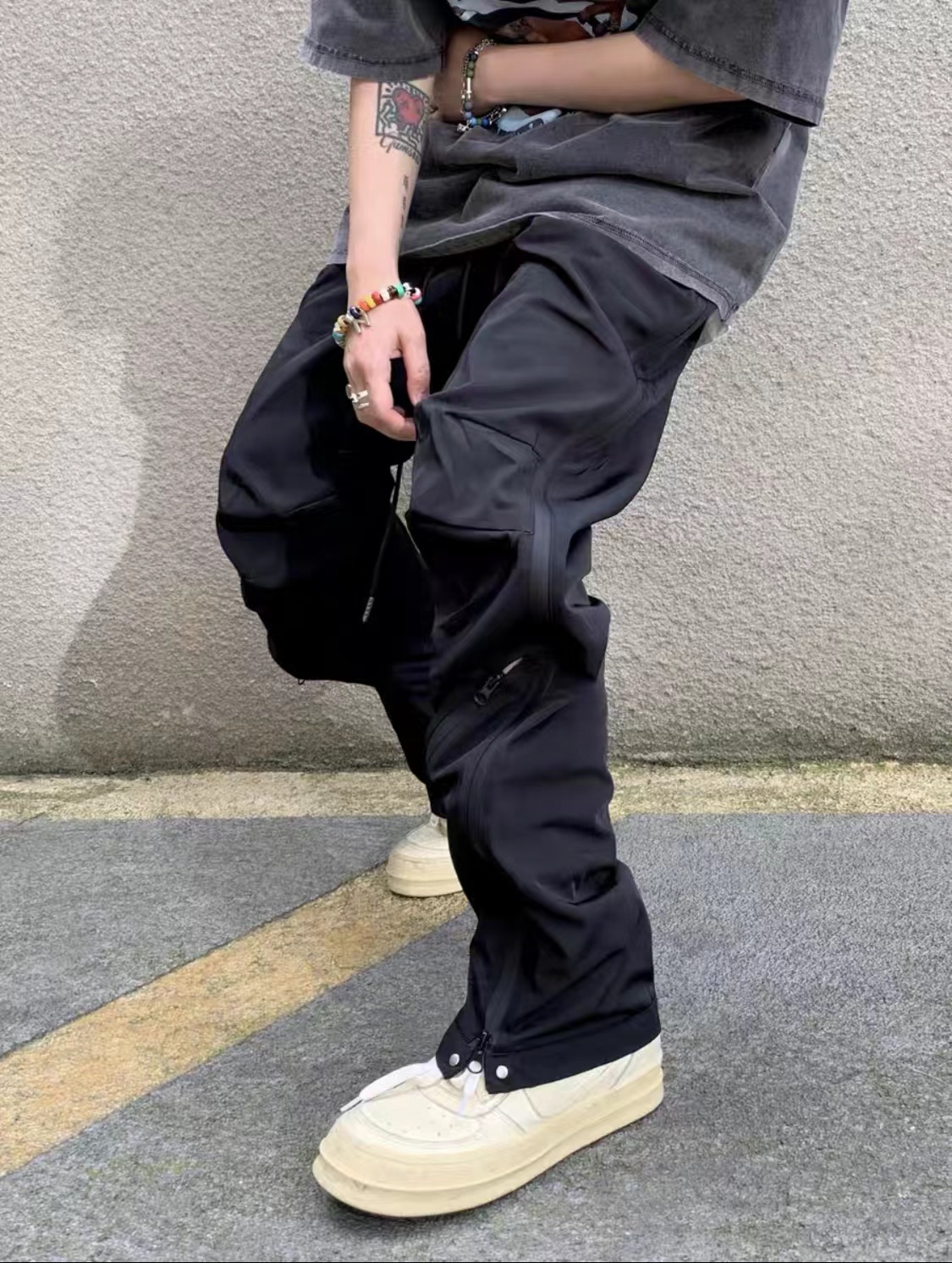 Far.ARCHIVE侧边压胶裤女男潮拉链拼接高街休闲立体机能工装裤子_虎窝淘