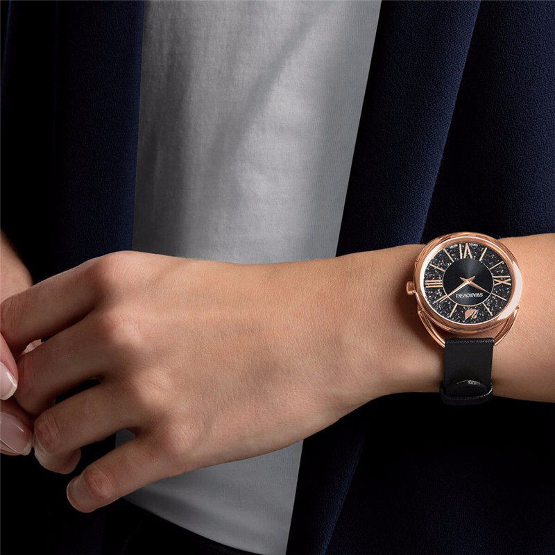 施华洛世奇Swarovski优雅满天星时尚女士真皮石英手表黑色5452452_虎窝淘