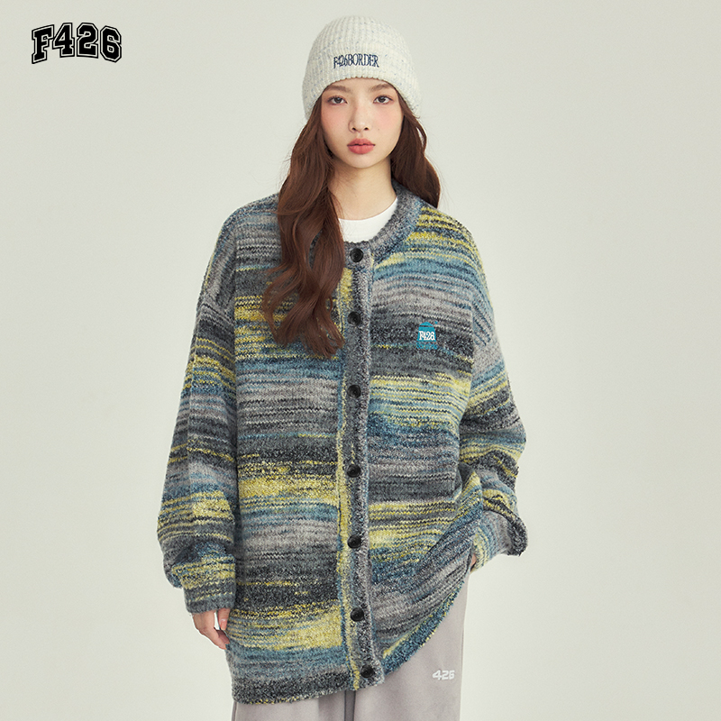 【F426官方店】国潮牌春季美式情侣宽松油画彩虹色渐变开衫毛衣_虎窝淘