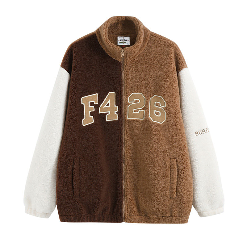 【F426官方店】国潮牌情侣街头宽松大LOGO阴阳撞色仿羊羔毛外套_虎窝淘