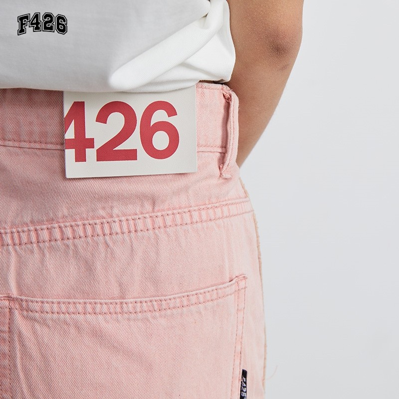 【F426官方店】国潮牌情侣嘻哈夏季侧边夹条粉色宽松休闲牛仔裤_虎窝淘