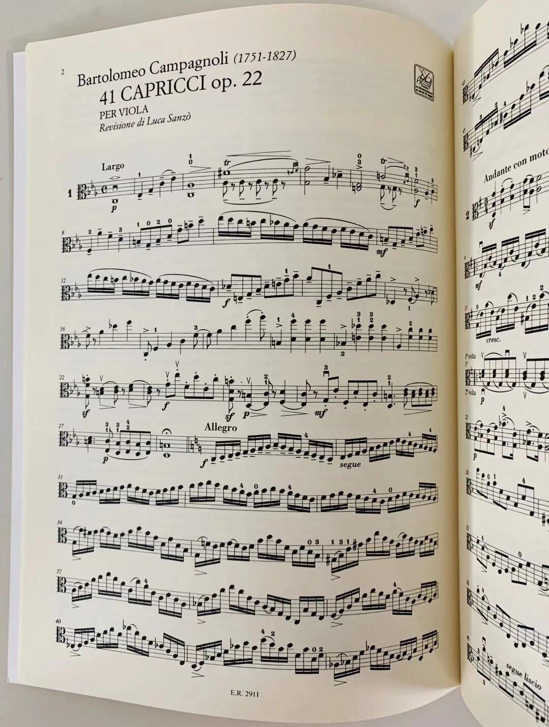 康帕诺利 41首随想曲op22中提琴独奏 Ricordi原版乐谱书 Campagnoli 41 Caprices For Viola