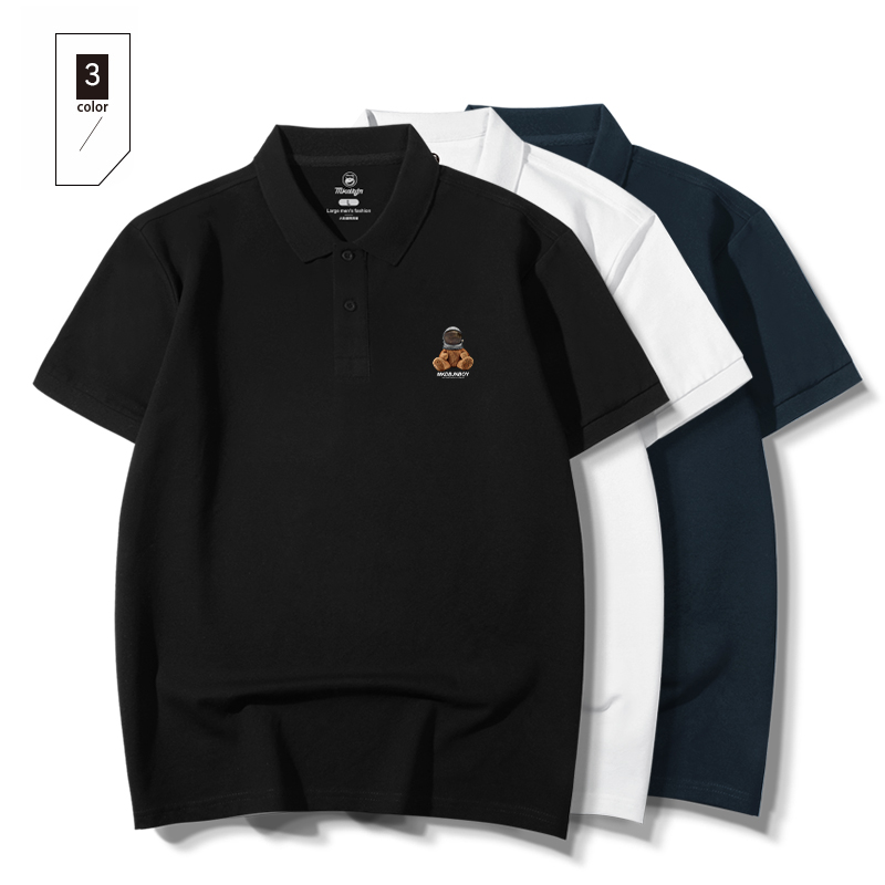 航天小熊印花大码polo衫男士短袖t恤翻领纯棉日系ins潮牌商务男装_虎窝淘