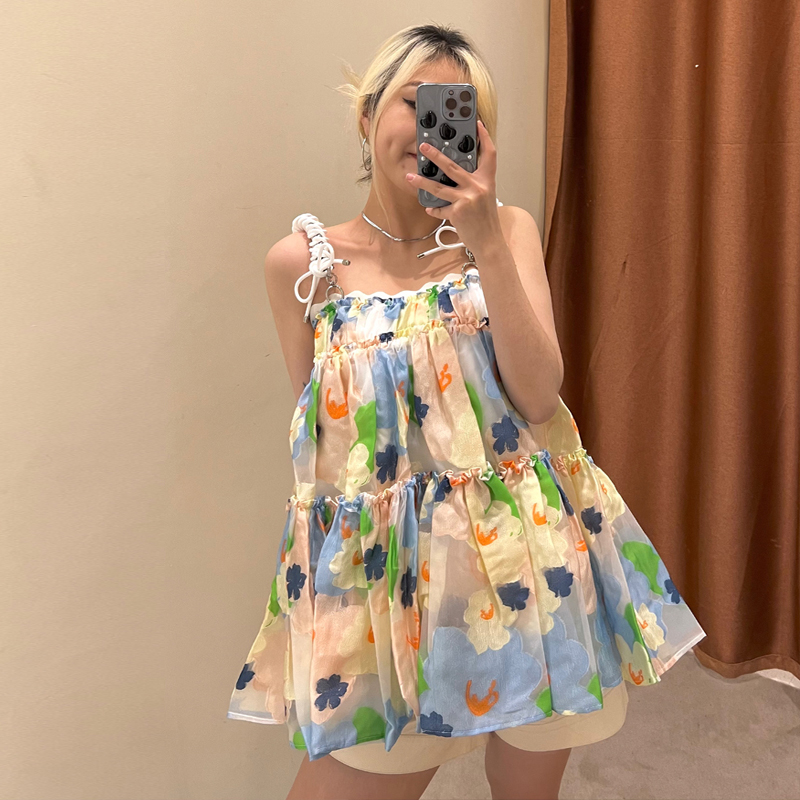 ONOFF XIAOLI 22SS商场同款春夏新款透明提花吊带蓬蓬裙背带短裤_虎窝淘