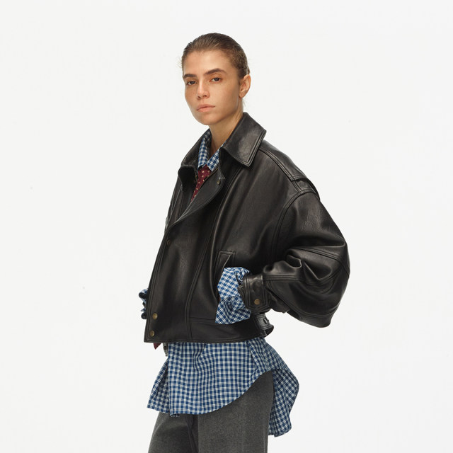 hug 2025 spring and summer new leather jacket old lambskin bomber jacket