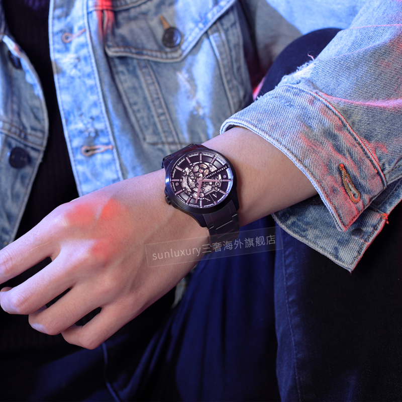 Armani阿玛尼机械表男表商务休闲手表钢带镂空时尚男士腕表AX2418_虎窝淘