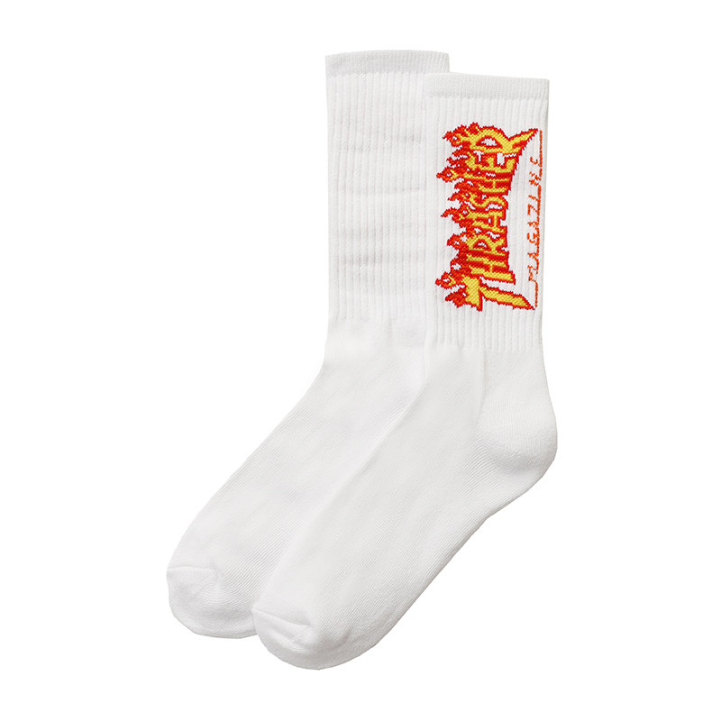 【THRASHER官方】FLAME SOCKS火焰logo印花黑白保暖长袜子_虎窝淘
