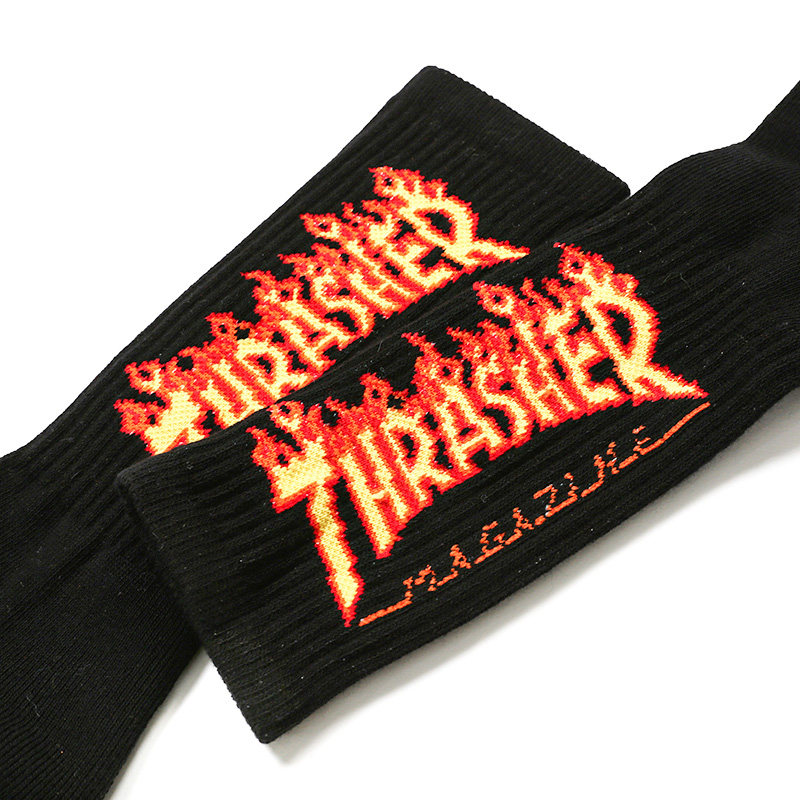 【THRASHER官方】FLAME SOCKS火焰logo印花黑白保暖长袜子_虎窝淘
