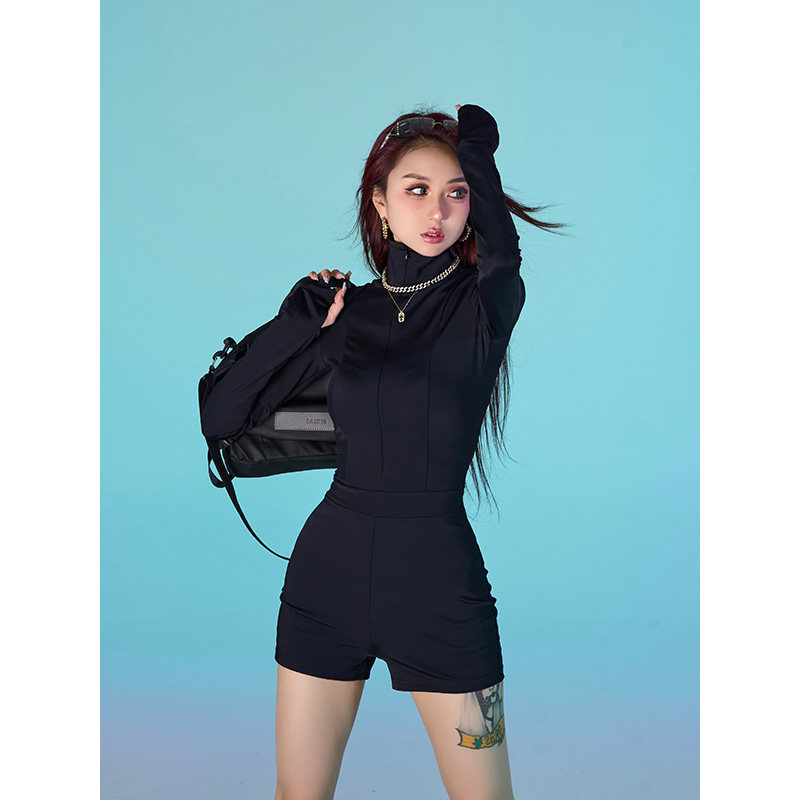 野生zerocircle黑色连体短裤女夏高级感辣妹修身显瘦高领长袖上衣_虎窝淘