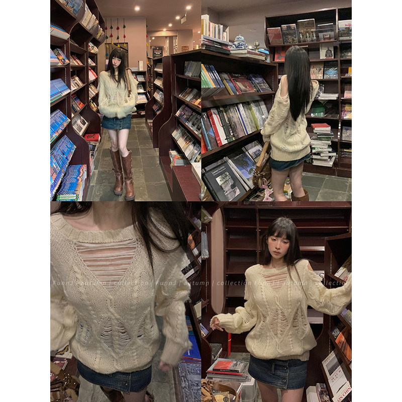 FunnJ方几 反叛少女设计感露肩破洞毛针织衫女慵懒宽松薄款毛衣_虎窝淘