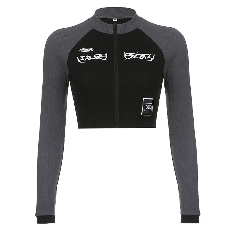 IUAE美式紧身长袖拉链上衣女弹力百搭高腰露脐运动骑行服短T恤_虎窝淘