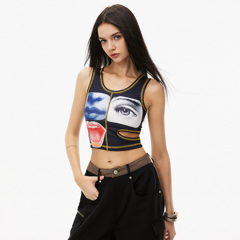 Azepam创意人像数码印花短袖T恤女短款辣妹美式街头镂空背心_虎窝淘