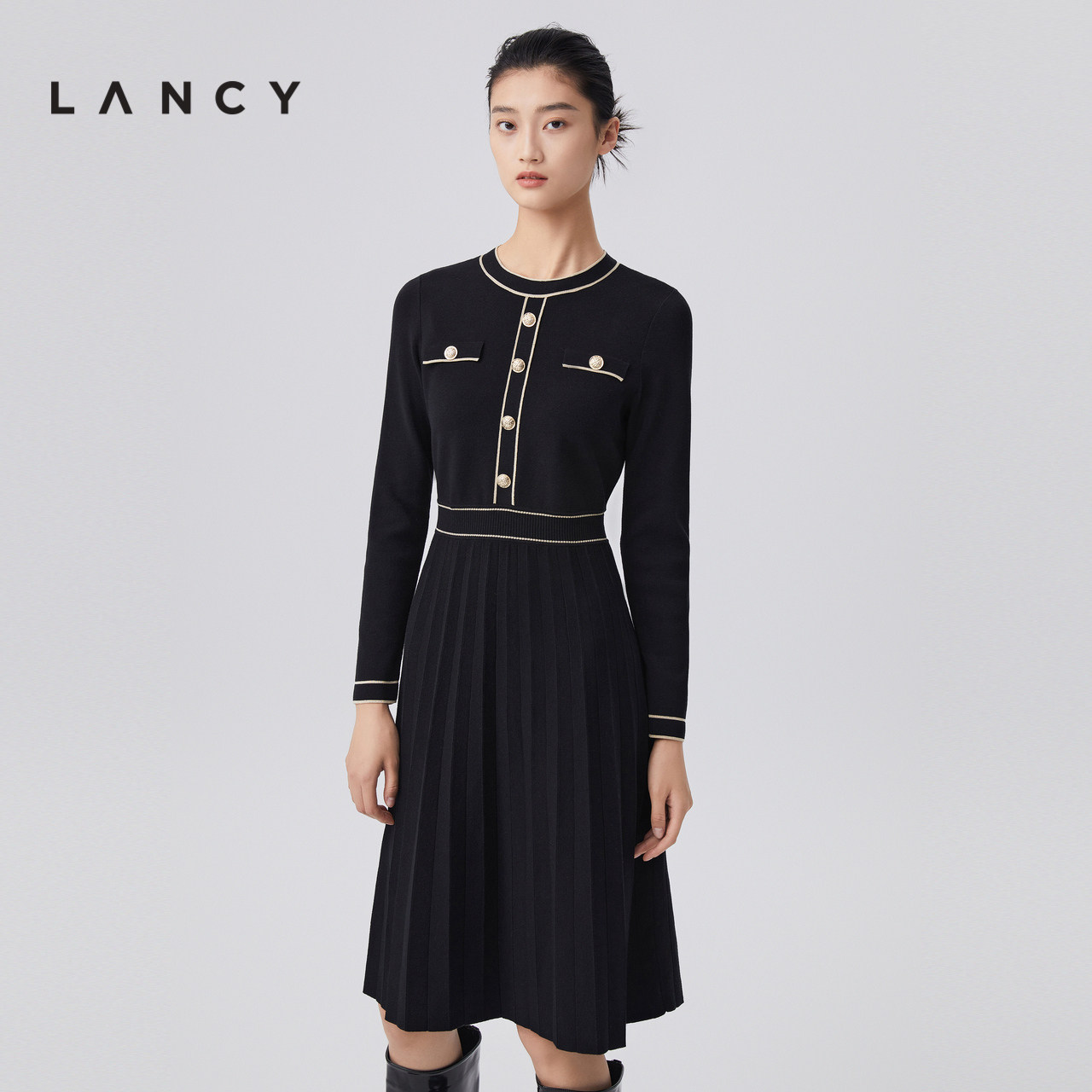 LANCY/朗姿2022秋季新款针织小香风连衣裙通勤优雅压褶收腰裙子女_虎窝淘
