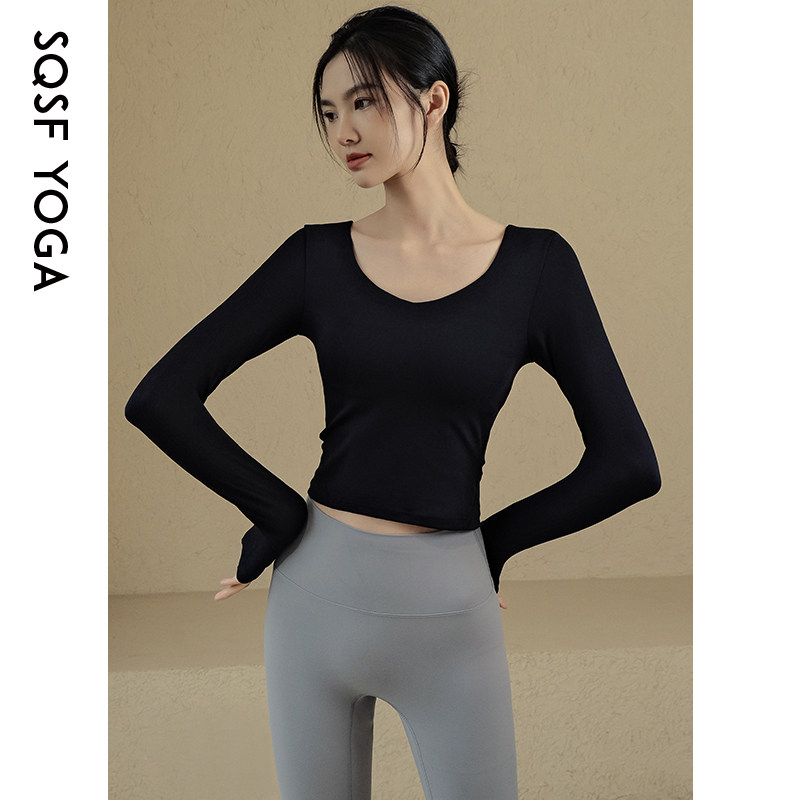 SQSF带胸垫瑜伽服女2023春季新款紧身长袖运动训练普拉提健身上衣_虎窝淘