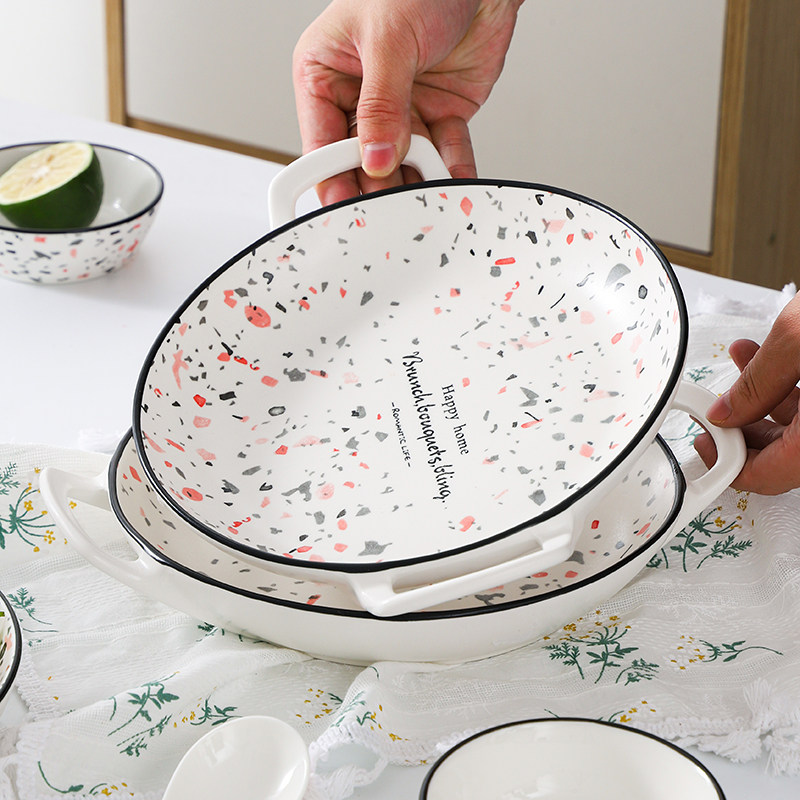 水磨石菜盘子家用饭盘带耳朵圆形方形餐盘加厚烤盘陶瓷网红菜碟子_虎窝淘