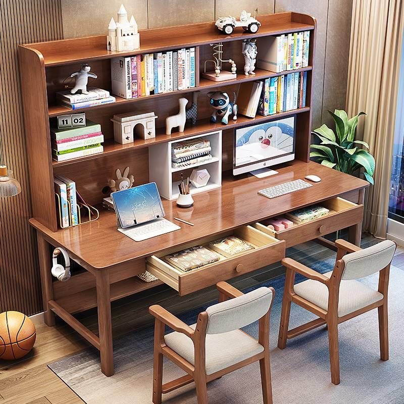 实木书桌办公桌家用长条双人写字桌书架组合学习桌书柜一体电脑桌_虎窝淘