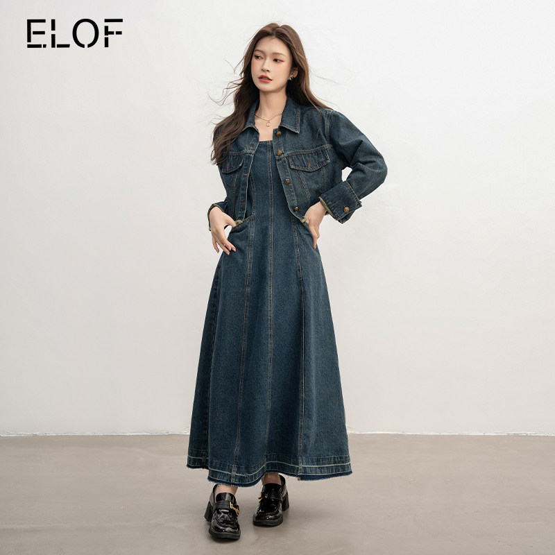 ELOF女士牛仔外套美式复古短款2024秋冬新款时尚套装