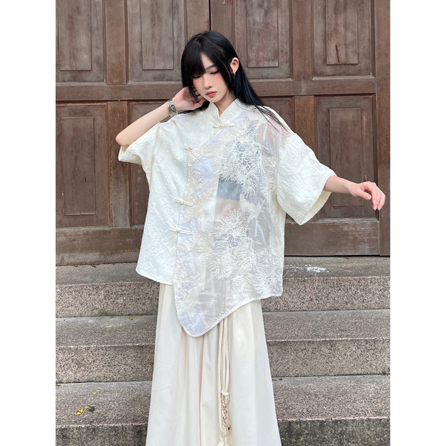 FG721 niche new Chinese tops for women summer new embroidered jacquard ...