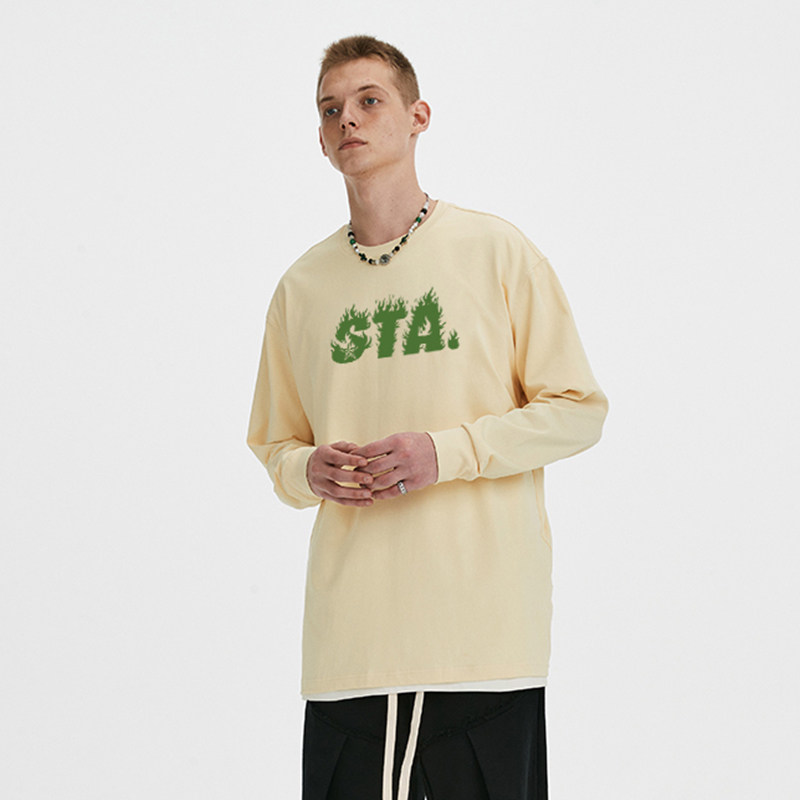 STA2023新款美式圆领长袖T恤纯棉重磅国潮牌印花宽松美式高街火焰_虎窝淘