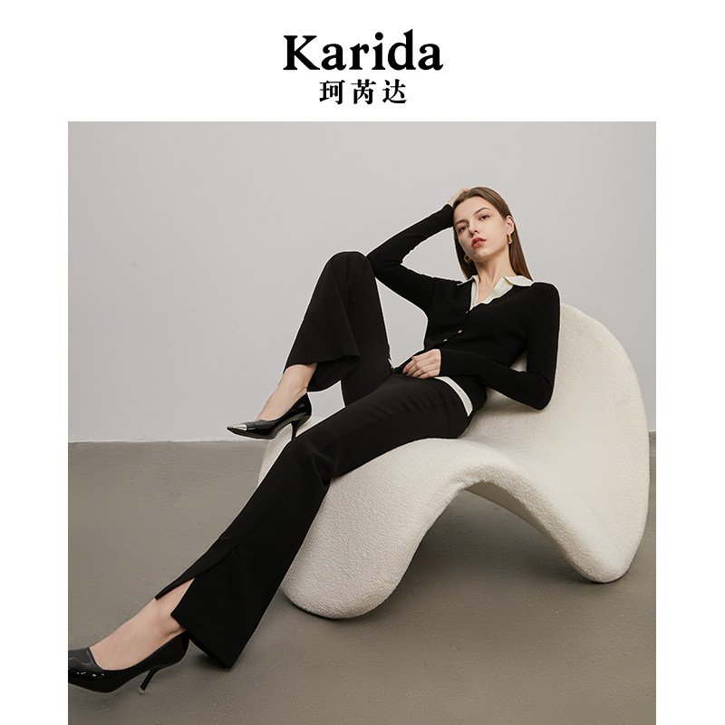 Karida/珂芮达【黑白配】翻领V领显瘦假两件含羊毛毛衣针织衫_虎窝淘