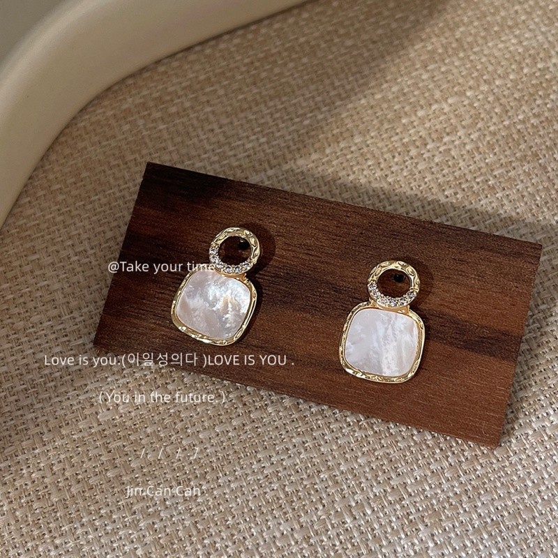 微镶锆石925银针镀14K方形几何镂空贝壳耳钉高级感ins耳饰耳环_虎窝淘