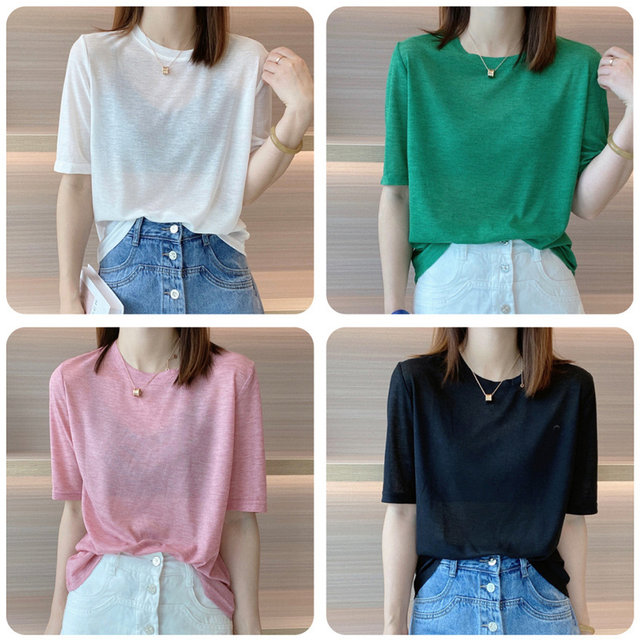 Round neck thin mask short-sleeved T-shirt for women 2025 summer new ...