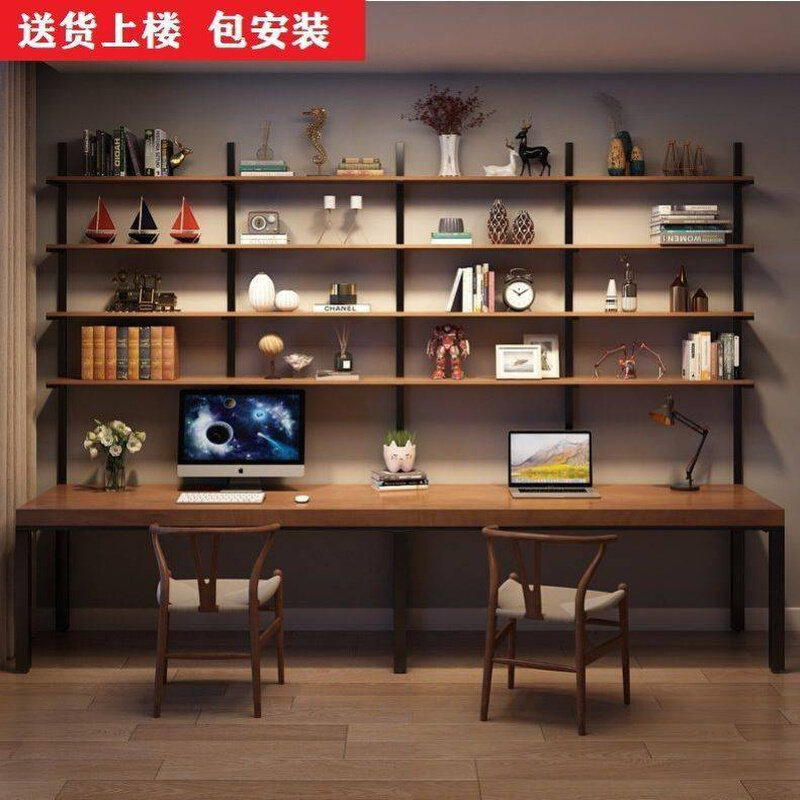 学习桌多功能一体书房办公桌客厅大长书桌简易写字铁艺书架实木书_虎窝淘