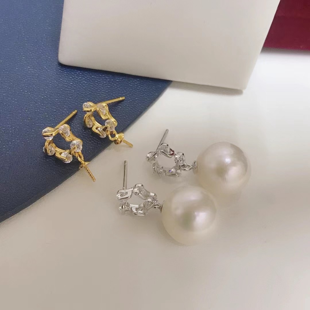 diy配件 s925纯银五角星星耳钉耳饰锆石空托不含珠适配8-13mm珍珠_虎窝淘