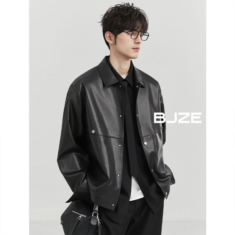 BJZE男装秋季新款高级感定PU皮夹克短款机车夹克