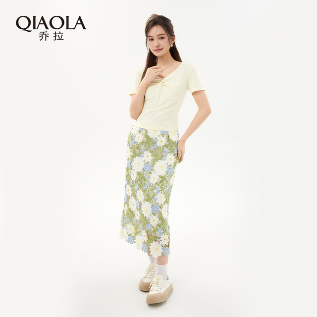 Jora design sense yellow Ningjie v-neck short-sleeved T-shirt top women ...