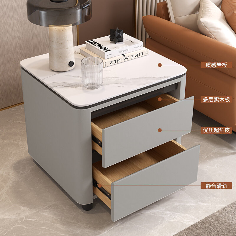 轻奢高级感客厅沙发实木侧边柜可移动正方形岩板储物烤漆茶几角柜_虎窝淘