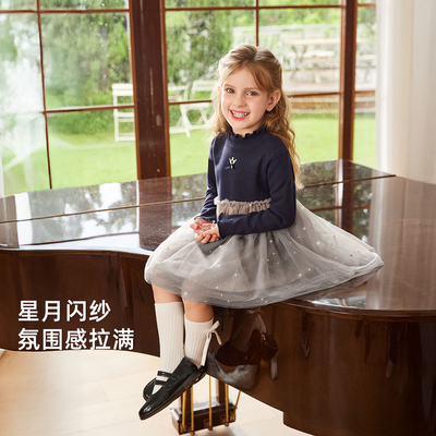 [抗菌远红外]女童连衣裙宝宝高领加绒蓬蓬网纱裙子儿童红色公主裙