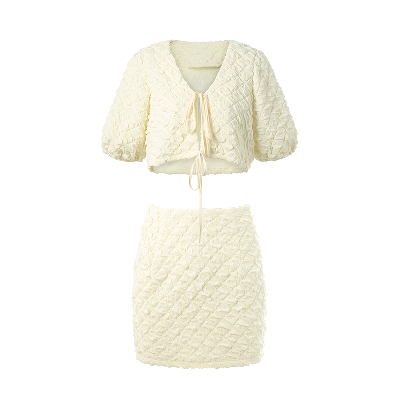 GYOKUU 2022ss白色棉花糖肌理感细带设计短款上衣半裙套装_虎窝淘