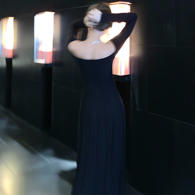 GYOKUU 2022秋季黑色一字肩气质高级感针织长裙仙女裙淑女连衣裙_虎窝淘