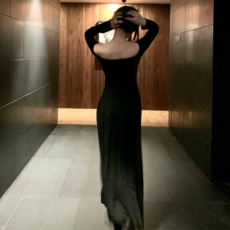 GYOKUU 2022秋季黑色一字肩气质高级感针织长裙仙女裙淑女连衣裙_虎窝淘