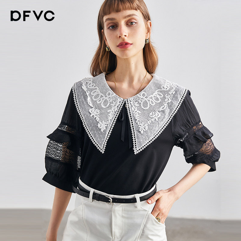 dfvc法式黑色泡泡袖衬衫女夏2023新款蕾丝镂空拼接娃娃领衬衣上衣_虎窝淘