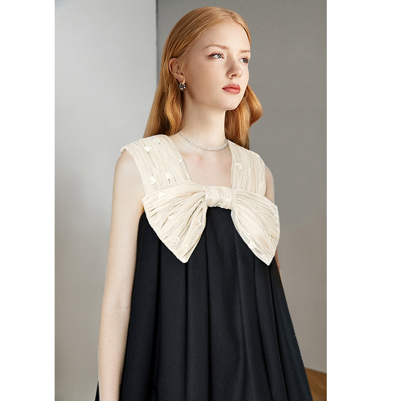 dfvc拼接蝴蝶结吊带连衣裙女春2023新款宽松无袖a字背带裙小黑裙_虎窝淘