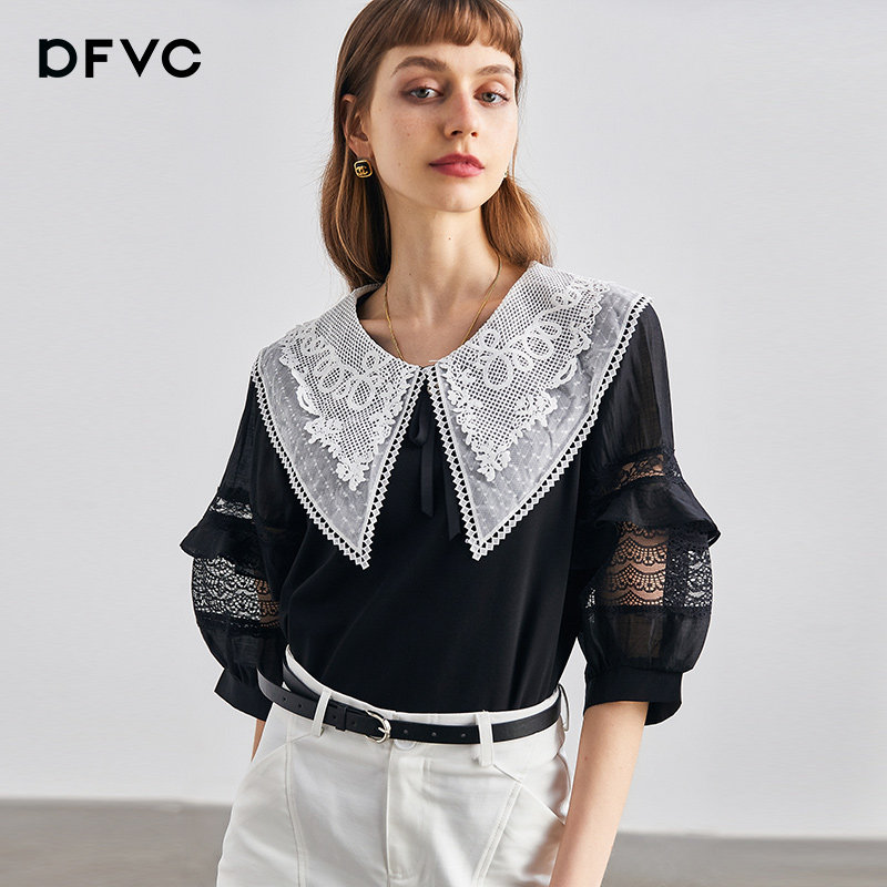 dfvc法式黑色泡泡袖衬衫女夏2023新款蕾丝镂空拼接娃娃领衬衣上衣_虎窝淘