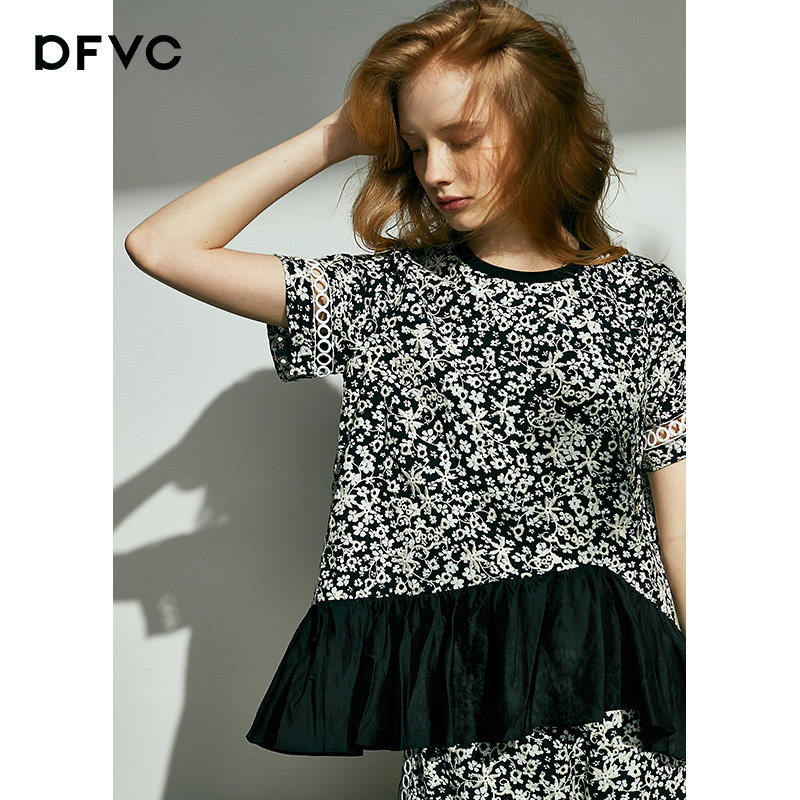 dfvc中国风刺绣套装女夏季2023新款碎花短袖t恤短款阔腿裤两件套_虎窝淘