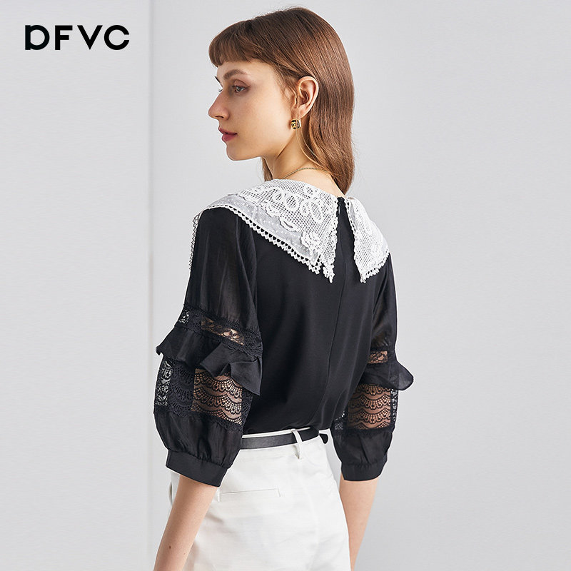 dfvc法式黑色泡泡袖衬衫女夏2023新款蕾丝镂空拼接娃娃领衬衣上衣_虎窝淘
