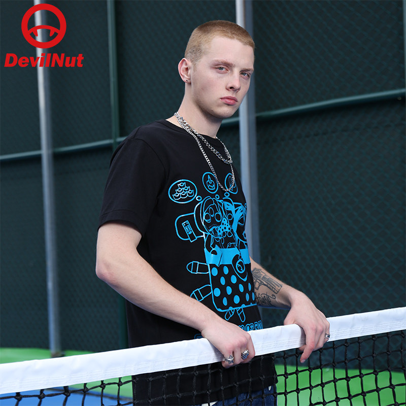 DEVIL NUT恶魔潮牌春夏男女情侣夏季宽松黑色短袖T恤 AOL SET_虎窝淘