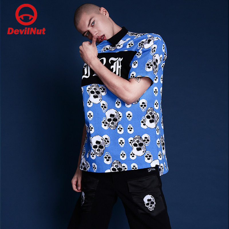 DEVIL NUT潮牌恶魔男女同款头骨图案特宽松POLO-BF SNT_虎窝淘