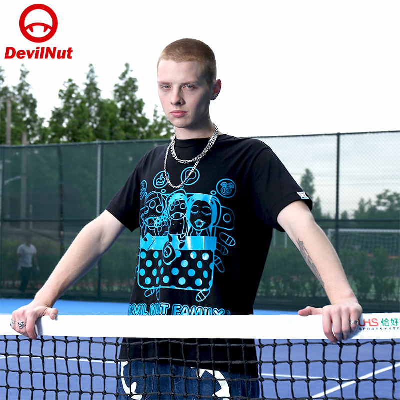 DEVIL NUT恶魔潮牌春夏男女情侣夏季宽松黑色短袖T恤 AOL SET_虎窝淘