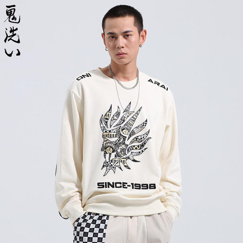 oniarai鬼洗 21AW潮牌鬼洗徽章鬼头反光条男士圆领卫衣 B240063_虎窝淘