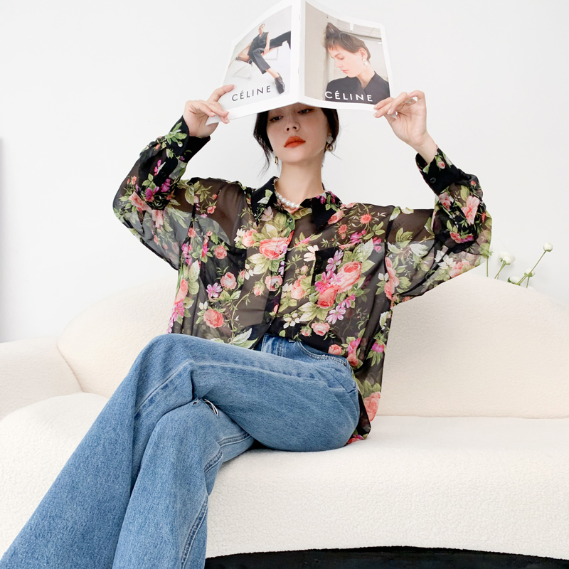 AKSAYA高级感时尚复古薄款宽松印花衬衣设计感小众长袖衬衫女春夏_虎窝淘