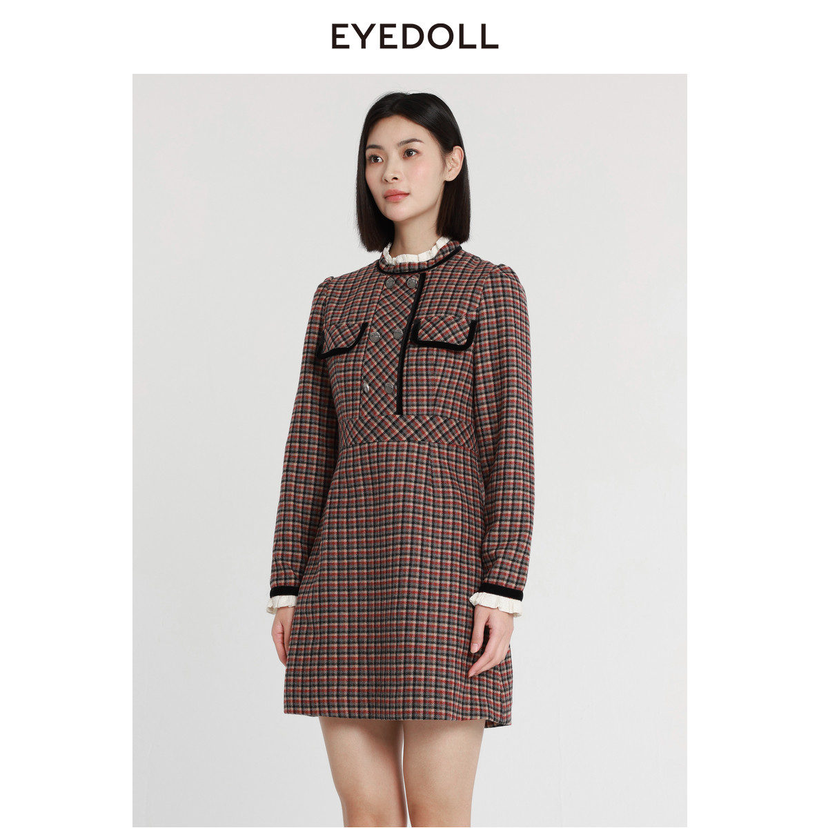 EYEDOLL我爱露露冬季新款复古古优雅木耳边立领连衣裙