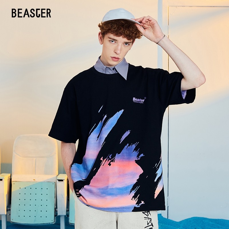 beaster官方小恶魔笑脸短袖T恤潮牌天空印花宽松潮流纯棉夏半袖_虎窝淘