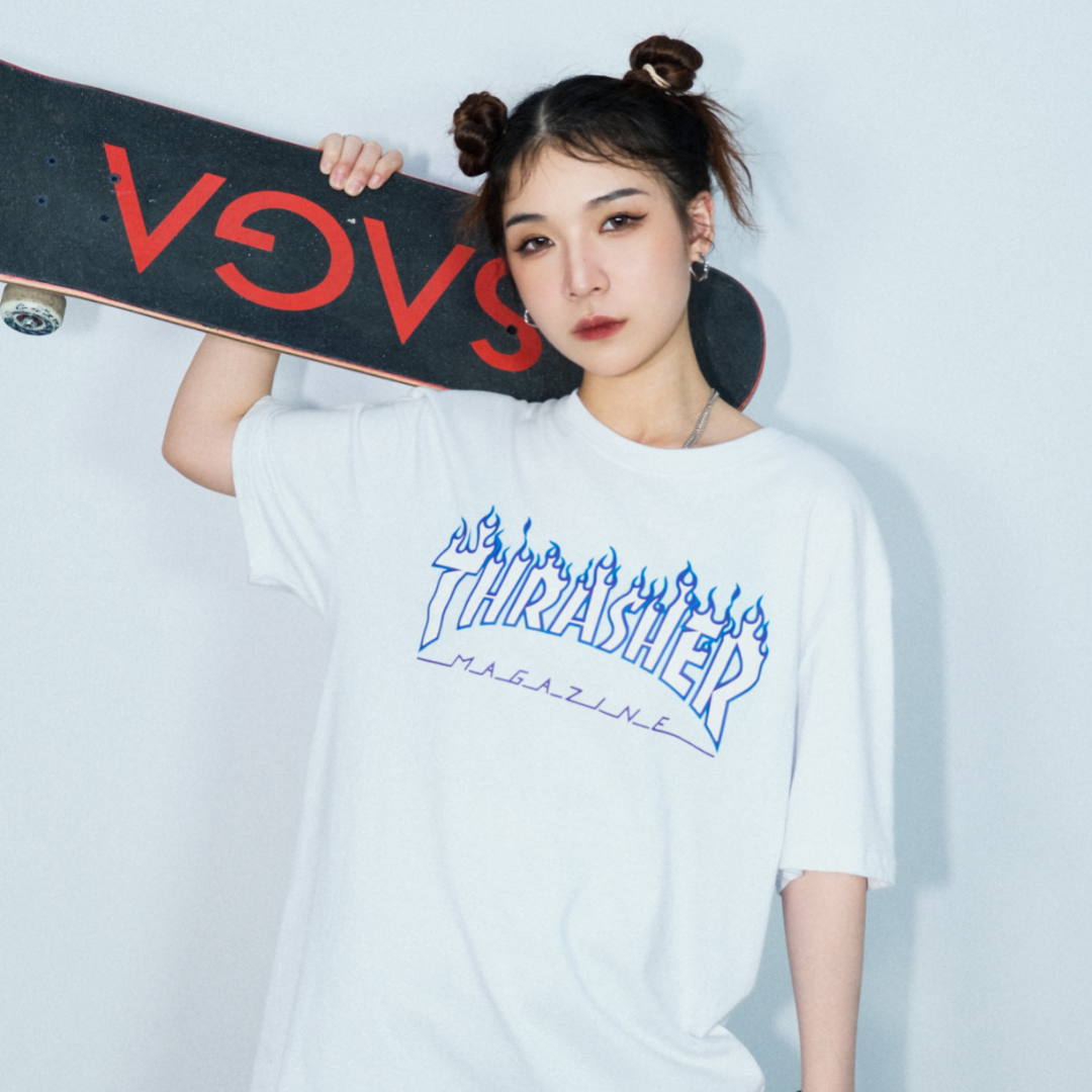 THRASHER日版冰蓝镂空火焰线条印花圆领短袖T恤美式百搭男女同款_虎窝淘