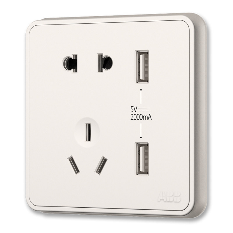 ABB开关插座纤悦系列雅典白五孔带双USB电源插座充电插座 AR293_虎窝淘